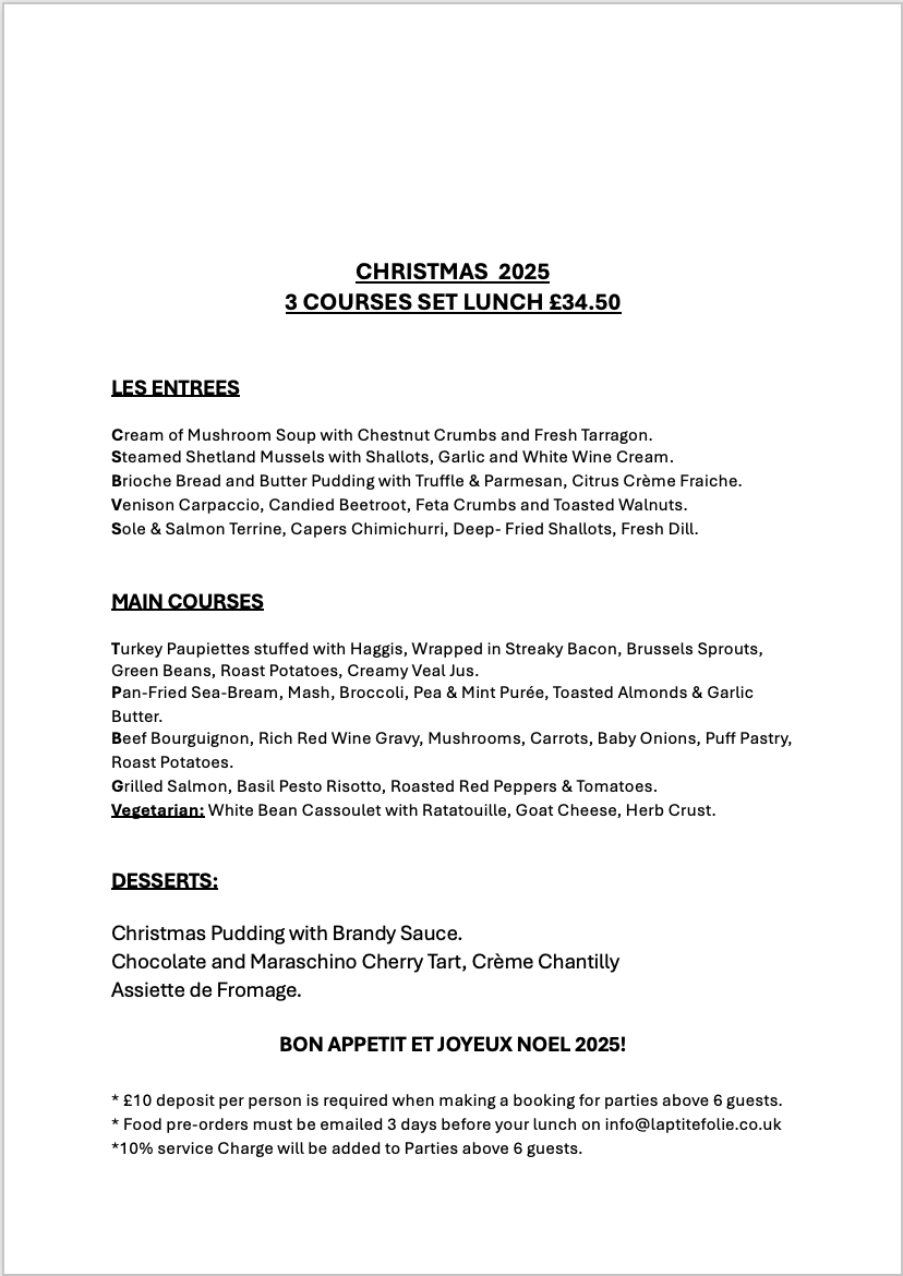 Christmas Set Lunch Menu – La P'tite Folie